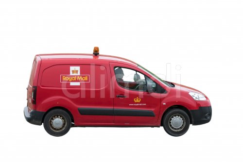 UK postman driving red Peugeot Partner British Royal Mail post van ...
